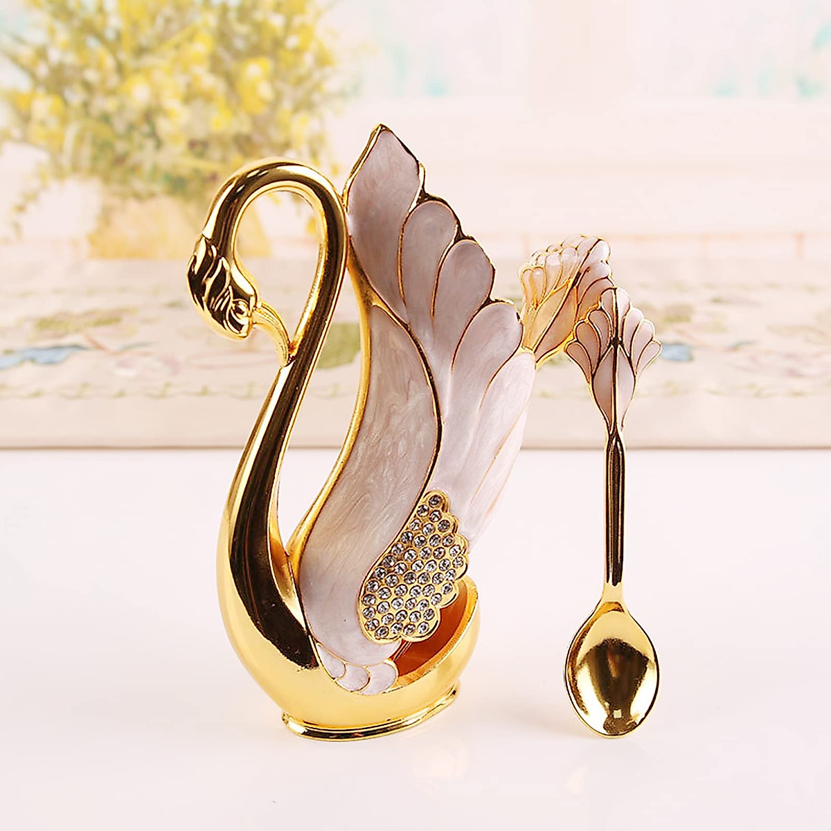 GLOGLOW Swan Base Holder, Innovative Gold Smoother Edges Swan Base Holder Coffee Dinnerware Set with Forks Spoons for Bistros Bars Amily (Golden White Spoons)