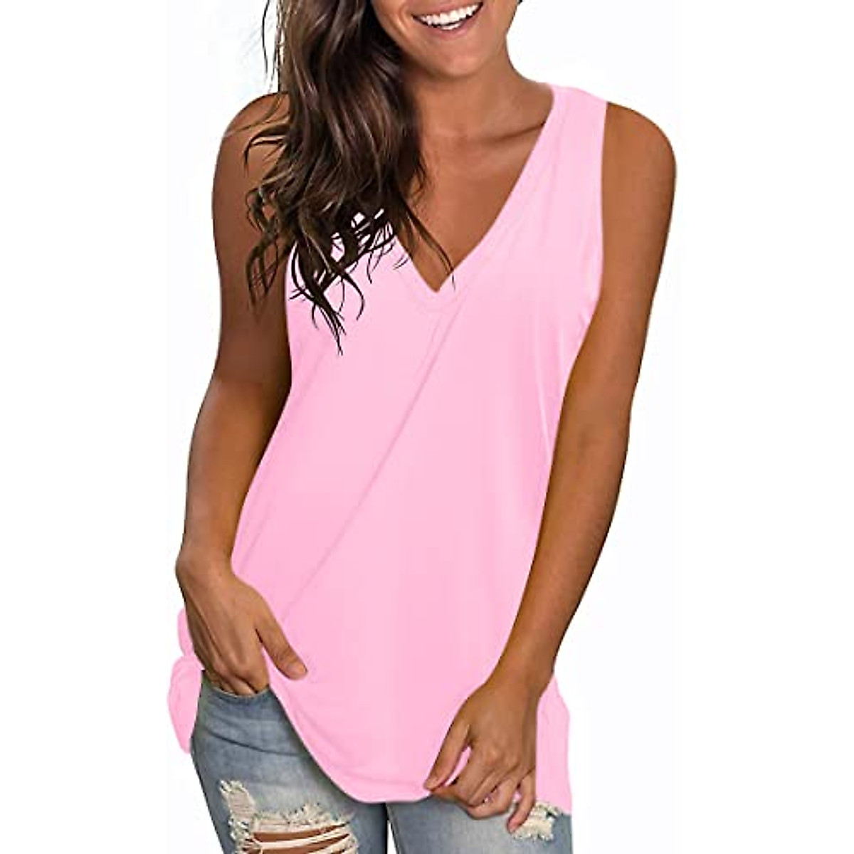 LONGYUAN Ladies Tunic Sleeveless Casual T shirts V Neck Tank Tops Soft Loose Fit Blouses Pink,Small