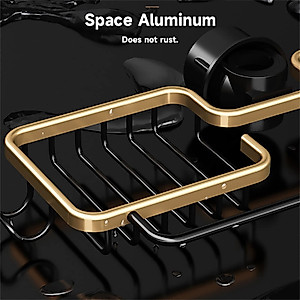 Swovo Dish Sponge Holder, Aluminum Dish Towel Organizer with Dish Towels Drying Rack and Hooks for 0.7"-1.1" Diameter Kitchen Sink Faucets (Black+Gold)