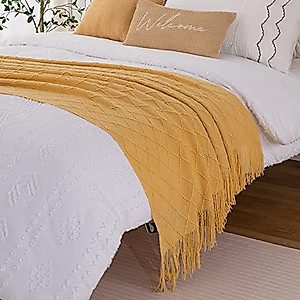 BATTILO HOME Mustard Throw Blanket with Fringe Geometric Bed Gold Yellow Throws Breathable Decorative Large Throw for Couch Sofa Indoor Outdoor (Mustard, 50"x60")