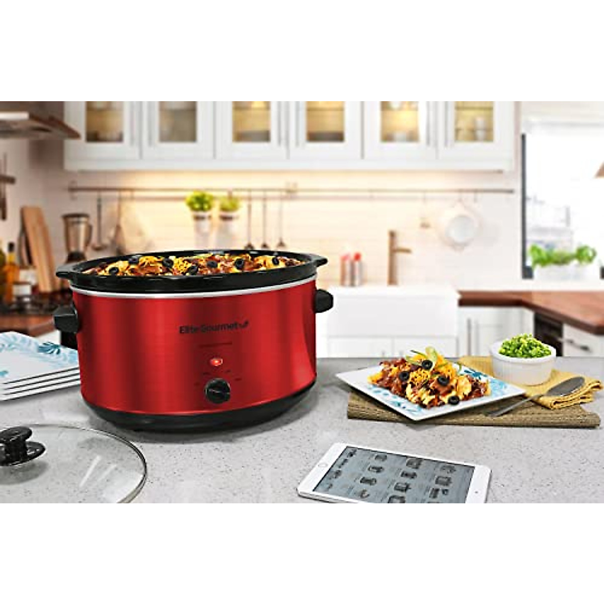 Elite Gourmet MST-900RXT# Electric Ceramic XL Jumbo Slow Cooker, Adjustable Temp, Entrees, Sauces, Stews & Dips, Dishwasher Safe Glass Lid & Crock, 8.5Qt, MetallicRed