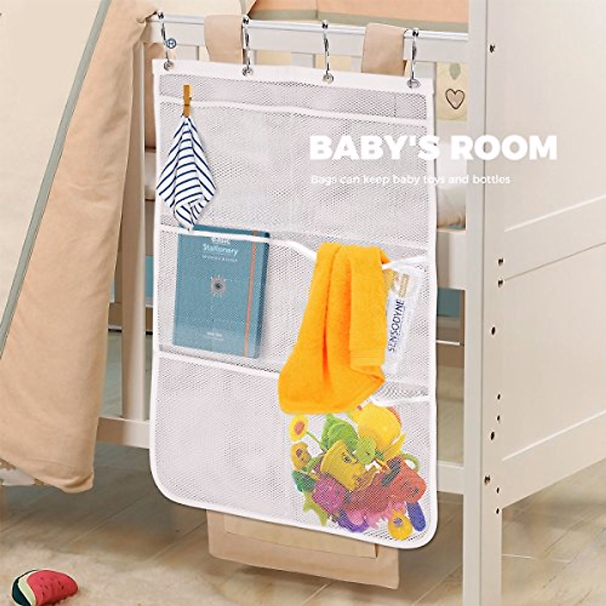 Yihoon Mesh Shower Caddy Curtains Organizer - Hanging Bathroom Shower Curtain Rod/Liner Hooks Accessories with 6 Pockets Save Space in Small Bathroom Tub 4 Rings