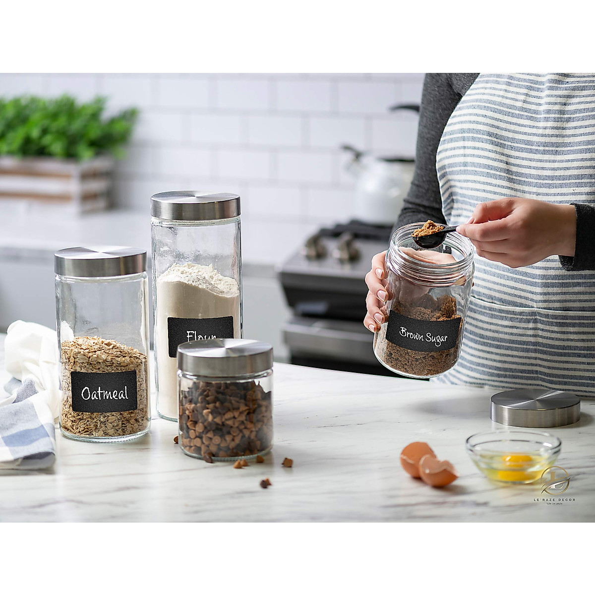 4pc Canister Sets for Kitchen Counter or Bathroom + Labels & Marker, Glass Cookie Jars with Airtight Lids - Food Storage Containers with Lids Airtight for Pantry - Flour, Sugar, Coffee, Cookies, etc.