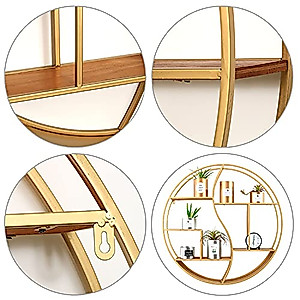 GLCS GLAUCUS Floating Shelves Wall Mounted,Rustic Decor Wood Wall Shelf Round Metal Wall Mount Display Organizer Holder for Home Decor,Gold