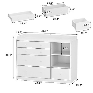 TAMUNE Dresser with 5 Drawers, White Chest of Drawers with Open Shelves, Modern 5 Drawer Chest with Knobs, 5 Drawer Dresser Cabinet for Bedroom Living Room, 19.7”D x 47.2”W x 36.1”H