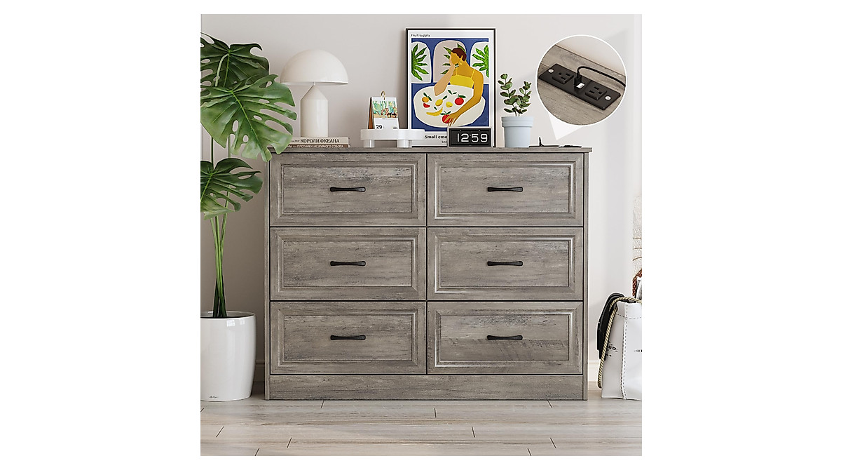 Fameill 6 Drawer Dresser with Charging Station - Ash Grey