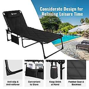 VILLEY Oversized Padded Chaise Lounge with Cushion, Foldable Camping Cot, Patio Reclining Lounge Chairs, Folding Sleeping Bed for Outdoor, Indoor, Backyard, Garden, Camping, Relaxing, Beach Tanning