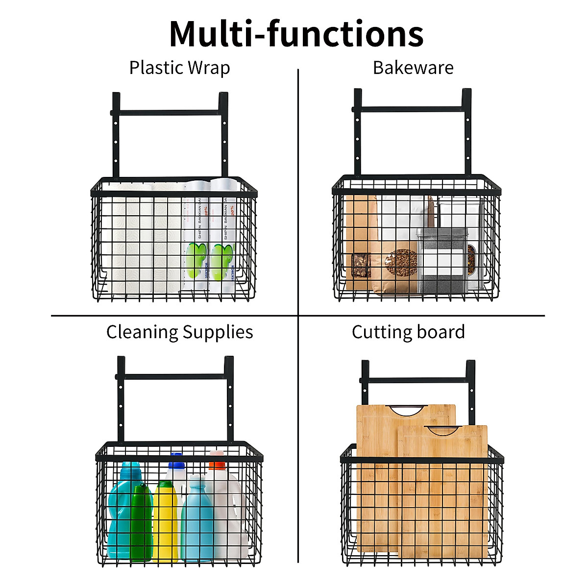 Qflushor Cabinet Door Organizer with Towel Bar, 2 Pack Over The Cabinet Door Organizer, Cutting Board Organizer with Towel Holder Kitchen Cabinet Organizer for Pantry, Baking Sheet, Wrap, Black