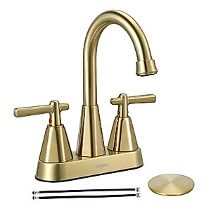 Bathroom Sink Faucet, SBOSBO 4 Inch Bathroom Faucet for Sink 3 Hole, 2 Handle Sink Faucet with Pop Up Drain Assembly and 2 Water Supply Hoses for RV Bathroom Vanity (Brushed Gold)