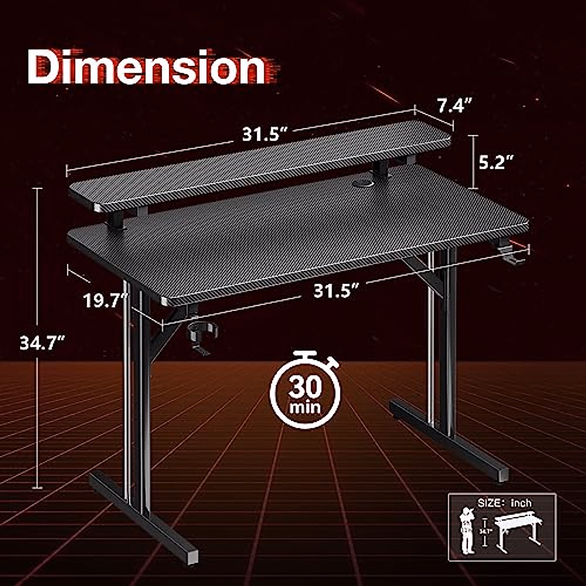Small Gaming Desk with LED Lights, Computer Desk 31 Inch Gaming Table with Monitor Shelf, PC Desk with Cup Holder and Headphone Hook, Gamer Desk with Carbon Fiber Texture, Boys Desk Gift for Men