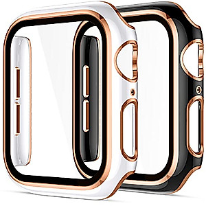 Charlam Compatible with Apple Watch Case 44mm SE Series 6 5 4 with Tempered Glass Screen Protector, 2 Pack Classy Slim Overall Guard Case Cover, Rose Gold Edge Black & Rose Gold Edge White Bumper