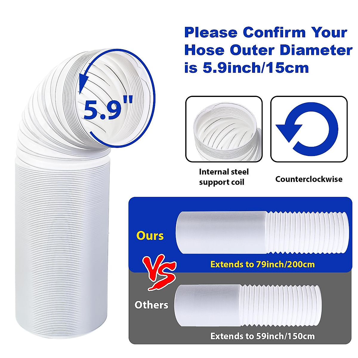 Estoder Portable AC Window Vent Kit with 5.9 Inch Exhaust Hose (78.7Inch Length), Adjustable Window Seal for Portable Air Conditioner, Universal 3x21.7” AC Seal Plate with Coupler for Sliding Windows