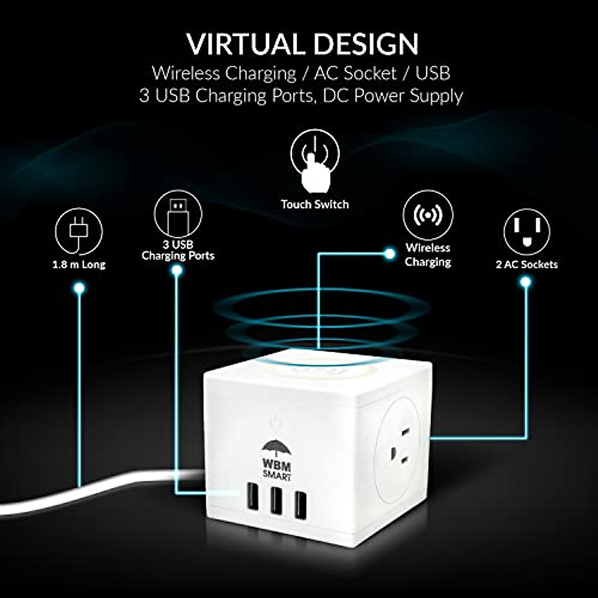 WBM Smart USB Power Strip with Wireless Charger,PG-02A-1