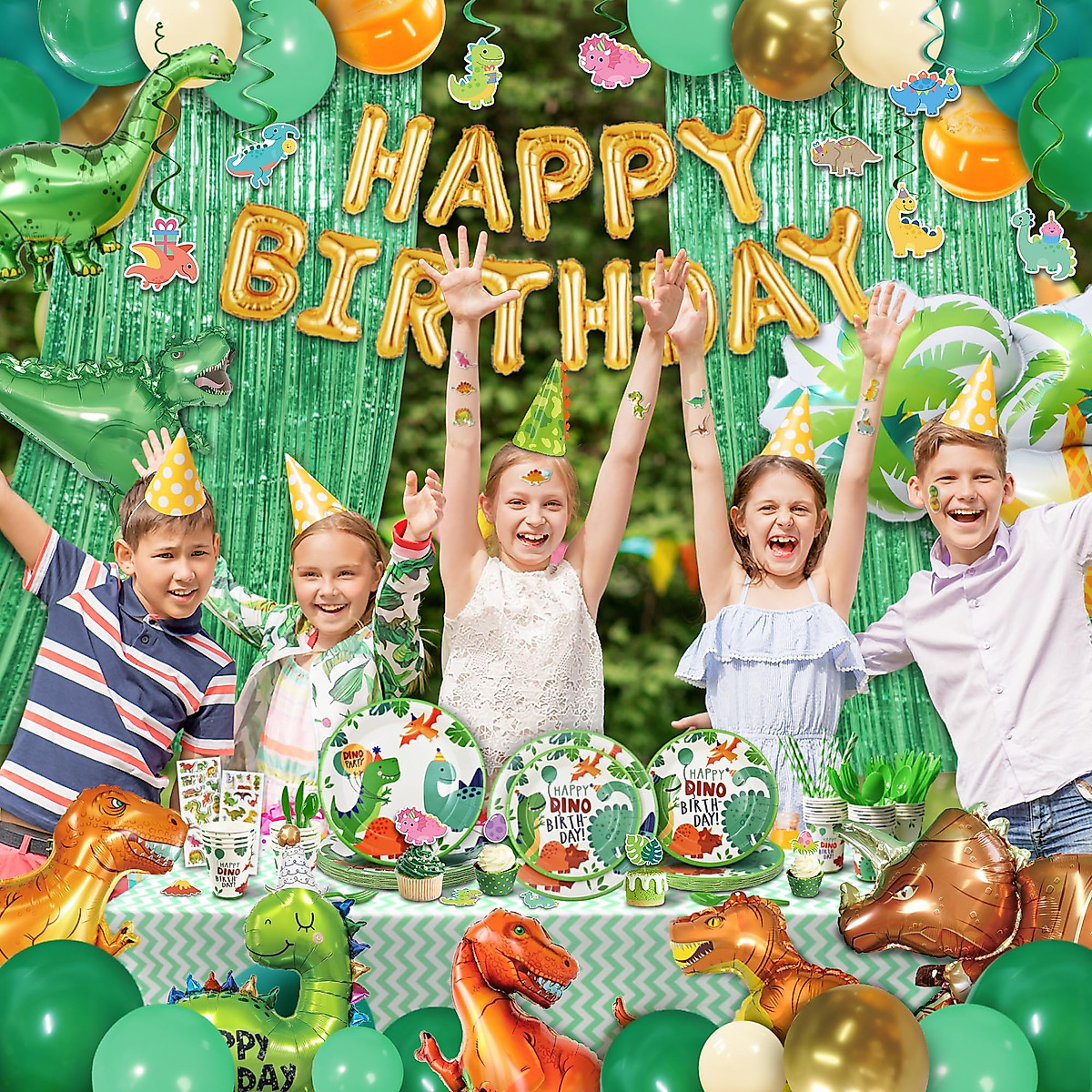 Party Spot! 260 Pcs Dinosaur Birthday Decorations, 20 Tableware Sets, Dinosaur Foil Balloons, Sticker, Banner, Dinosaur Paper Plates, Cups, Balloon Pump, Dinosaur Party Decorations