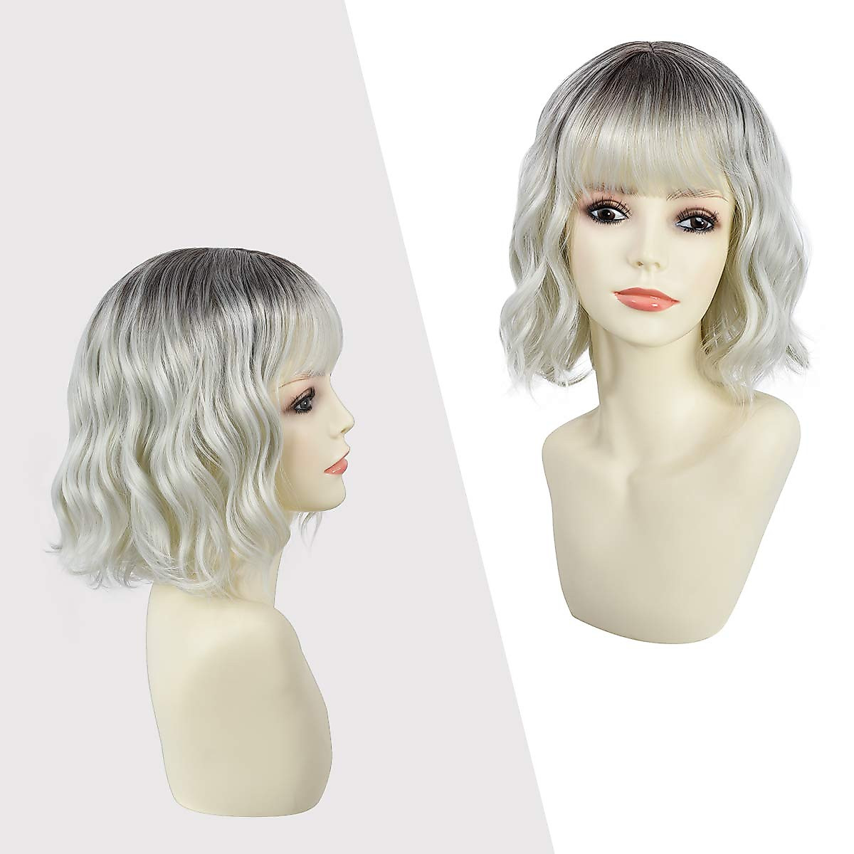 Rose bud Wavy Bob Wig with Bangs Natural Ombre Silver Wig Synthetic Hair Shoulder Length Short Curly Wigs for Women