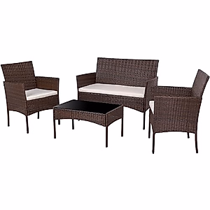 Shintenchi 4 Piece Outdoor Patio Furniture Sets, Small Wicker Patio Conversation Furniture Rattan Chair Set with Tempered Glass Coffee Table for Backyard Porch Garden Poolside Balcony