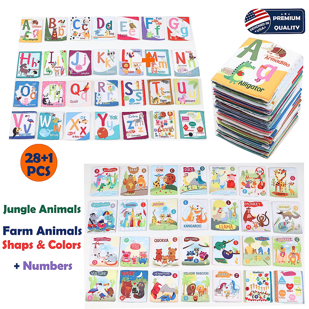 Alphabet Baby Toy Gift, Soft Cloth Alphabet Cards 28PCS, ABC Learning Flash Cards with Bag, Early Educational Learning Toys for Babies Infants Toddlers 1-2 2-4 Years Boys Girls, & Animal Guide Book