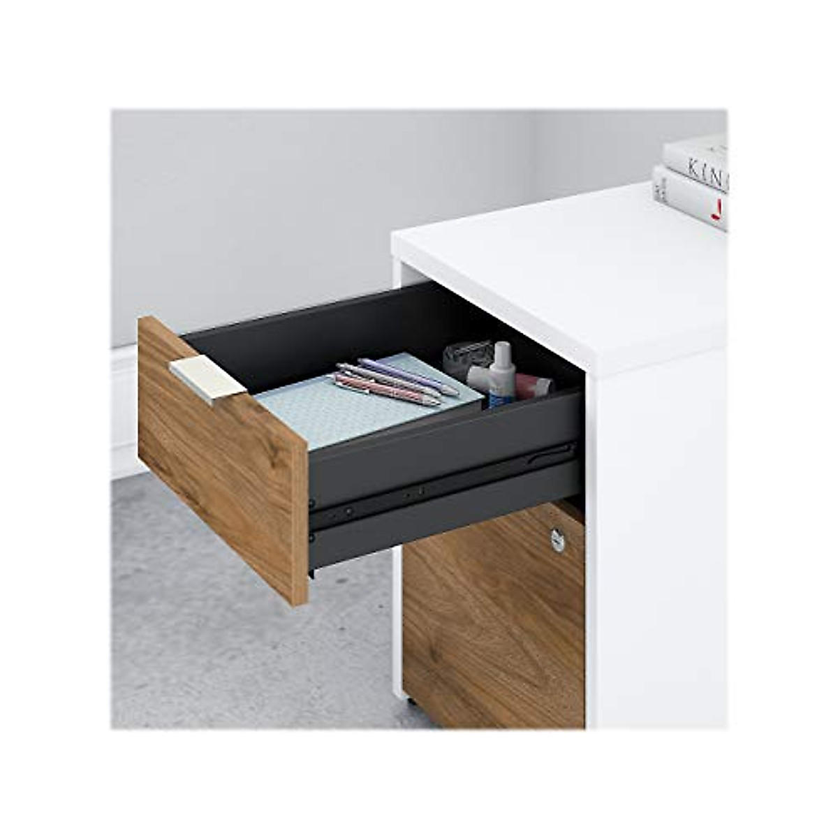 Bush Business Furniture Jamestown L Shaped Desk with Drawers, 72W, Fresh Walnut/White