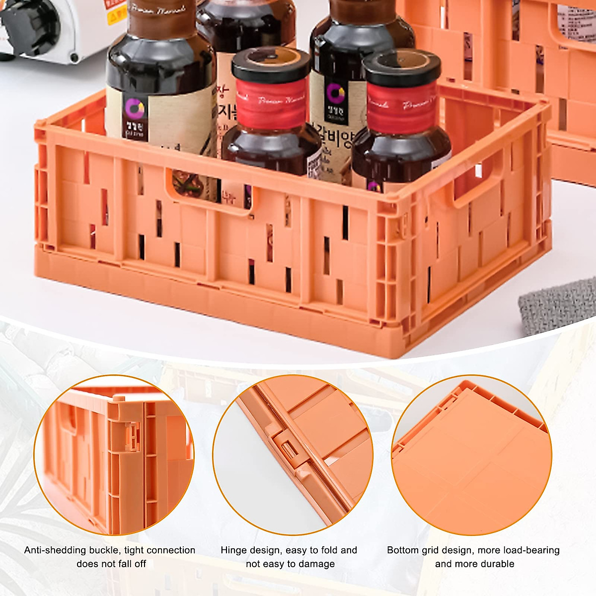 Klyuqoz Pastel Crates, 4 Pack Storage Crates Plastic Stackable, Medium Size(9.6 x 7.3 x 3.5 in), Desktop Storage Crates Folding for Home Office Bedroom.Blue, Yellow, Green, Orange