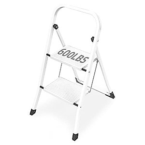 Folding Step Stool with Wide Anti-Slip Pedal, Sturdy Steel Ladder, Convenient Handgrip, Lightweight Portable (White, 2 Step Ladder)