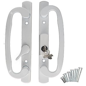 Hyneesun Patio Door Handle 3-15/16 Inch(10cm) Hole spacing（Right and Left Handed White Sliding Door Handle Set Mortise Style, keyed（Offset Position）