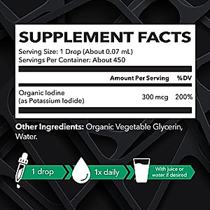 Potassium Iodide Liquid | Vegan Iodine Supplement for Thyroid Support | Organic Iodine Drops | Metabolism Support | 1-Year Supply