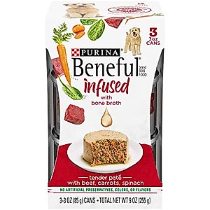 Beneful Purina Infused Wet Dog Food Pate, with Real Beef, Carrots and Spinach, with Bone Broth for Dogs - (8 Packs of 3) 3 Oz. Sleeves