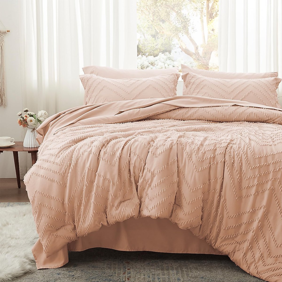 Anluoer Twin Comforter Set, Pink Tufted Bed in a Bag 5 Pieces with comforters and Sheets, All Season Bedding Sets with 1 Comforter, 1 PillowShams, 1 Pillowcases, 1 Flat Sheet, 1 Fitted Sheet