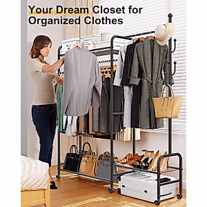 FYBEE 3-In-1 Clothes Racks For Hanging Clothes with Coat Rack, Heavy Duty Clothing Rack with Shelves Load 620Lbs, Portable Garment Racks with Lockable Wheels, Multi-Functional Closet Rack For Bedroom