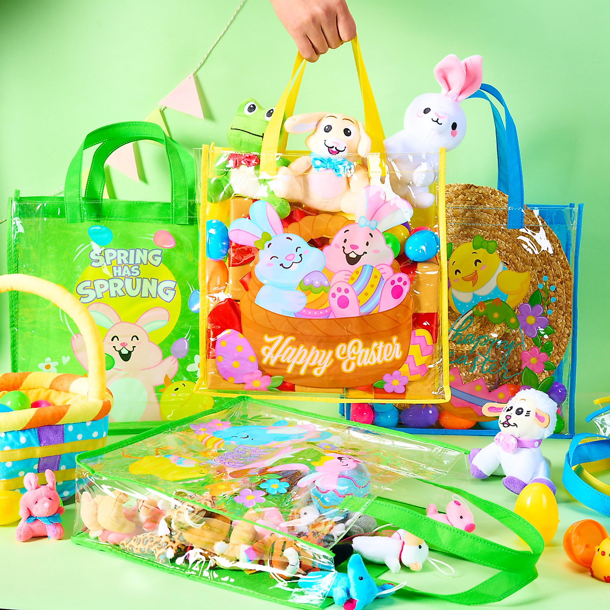 JOYIN 6 Pcs Easter Gift Bags, 13" x 13" x 4" Big Size Non Woven Easter Goodie Bags Party Treat Bags with Handles for Easter Egg Hunt, Reusable Easter Rabbit Bunny Bag for Kids Party Favor Supplies