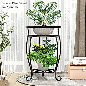 Veakoo Metal Plant Stand Indoor Outdoor,2 Tier Tall Flower Pot Shelf Planter Holder Pedestal Round Sheves Rustproof Wrought Iron Heavy Duty Rack for Corner Garden, Black, 19.37 inch