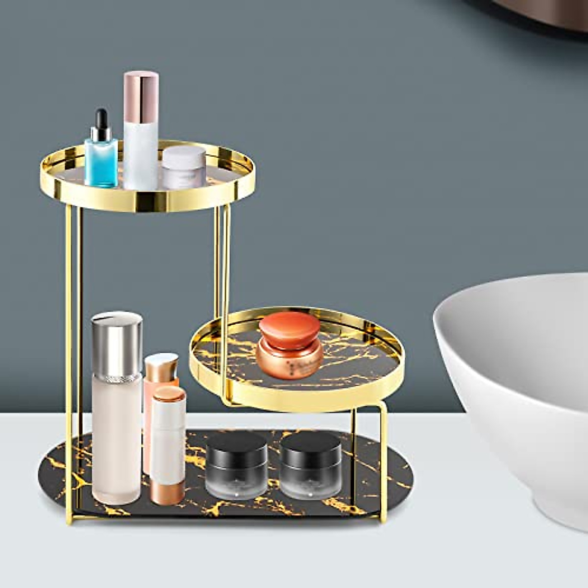 Bathroom Vanity Countertop Organizer - 3 Tier Makeup Counter Organizer Small Tiered Trays with Mirror Glass Trays for Home and Kitchen (Black Gold)