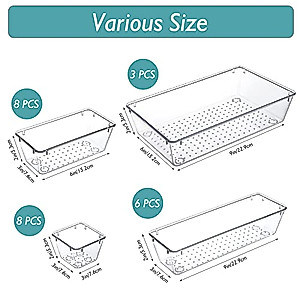 QUEFE 39 PCS Clear Drawer Organizer Set, 4-Size Plastic Drawer Organizers Trays Bathroom Organizers Dresser Storage Bins Separation Box for Makeup, Jewelries, Gadgets, Bathroom, Office, Bedroom.