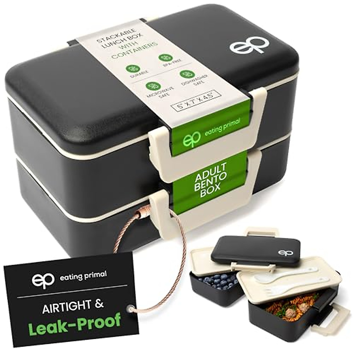 Adult Bento Box Lunch Box with Containers & Utensils - Leak Proof Bento Lunch Box for Adults - 2-Compartments w/ Handles, Sturdy, BPA-Free, Indoor, Outdoor, Gym, 5" x 7" x 4.5", Black Food Container