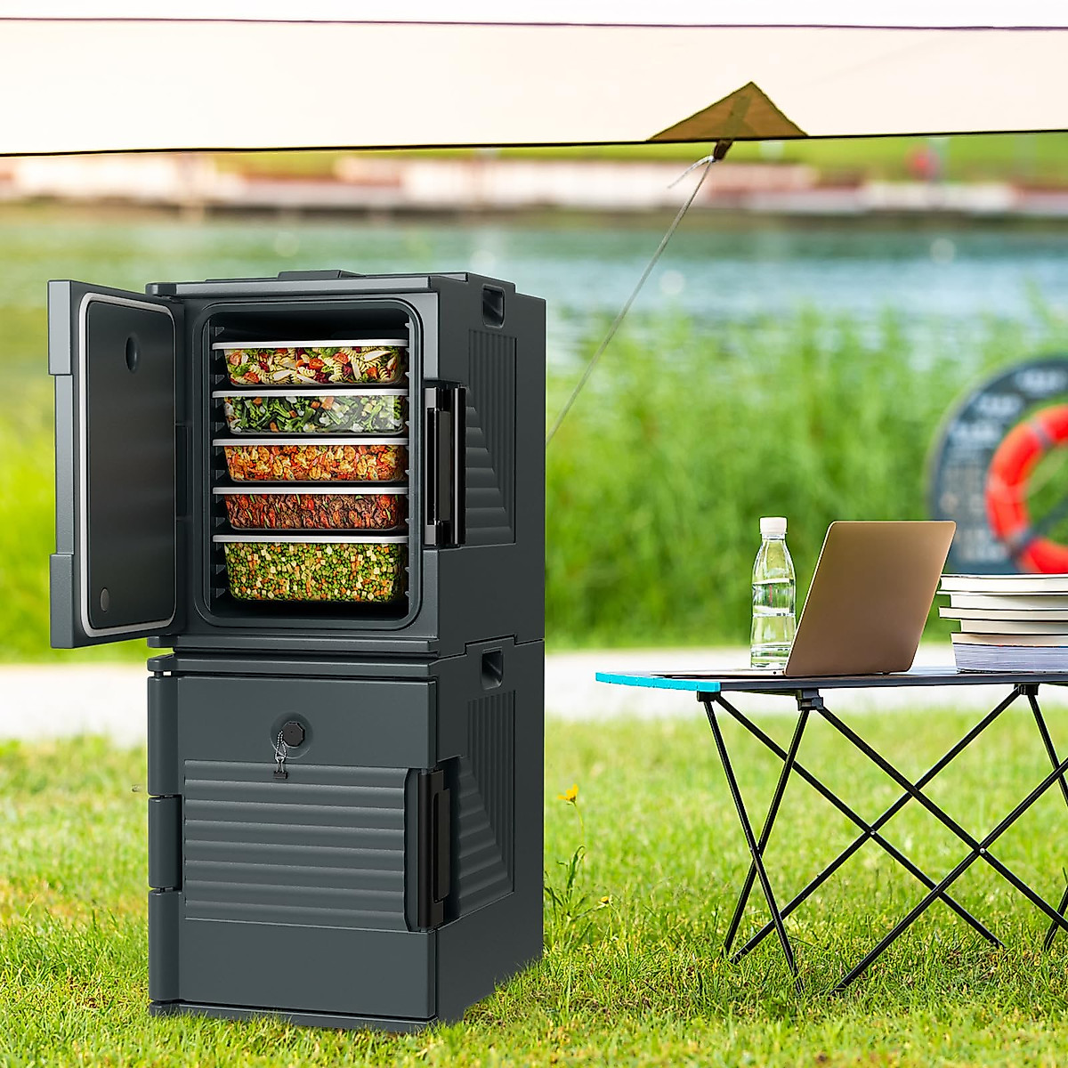 COSTWAY Insulated Food Pan Carrier, 95 Qt Hot Box Catering for 6 Full-Size Pan, Stackable Design, Fastener, Portable Front-Loading Food Warmer for Family Gathering, Buffets, Restaurant, Grey (1)