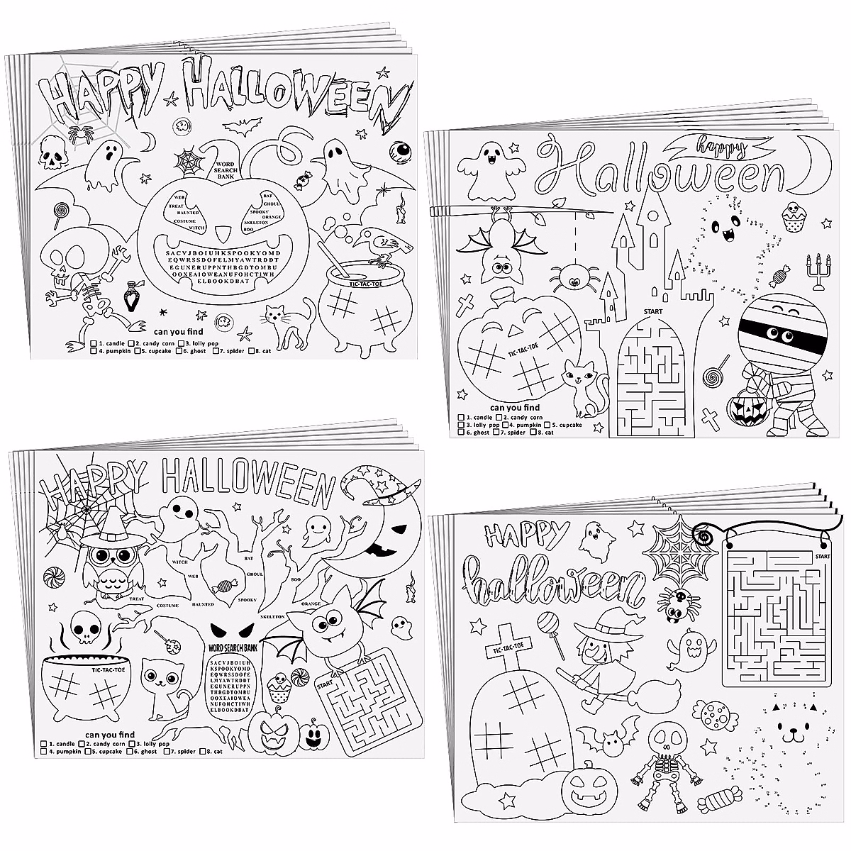 24 Pieces Halloween Paper Placemats Halloween Coloring Paper Placemats Pumpkin Ghost Kitchen Mats Coloring Activity Paper Table Mats for Halloween Party Home Table Supplies, 14 x 11 Inches, 4 Styles