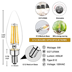truestory B10 LED Candelabra Light Bulb,E12 Base 5W Equivalent 50W, Warm White 2700K, Filament Clear Glass, Dimmable, Pack of 6