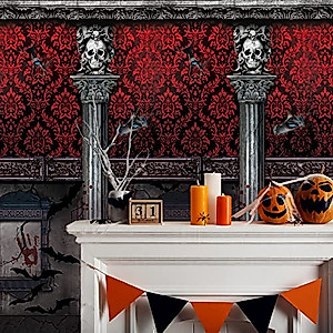 3Pcs Halloween Gothic Mansion Backdrop Decoration, Plastic Halloween Gothic Mansion Room Scene Setters Photography Background Wallpapers for Halloween Haunted House Party Decoration, 54×108 inches