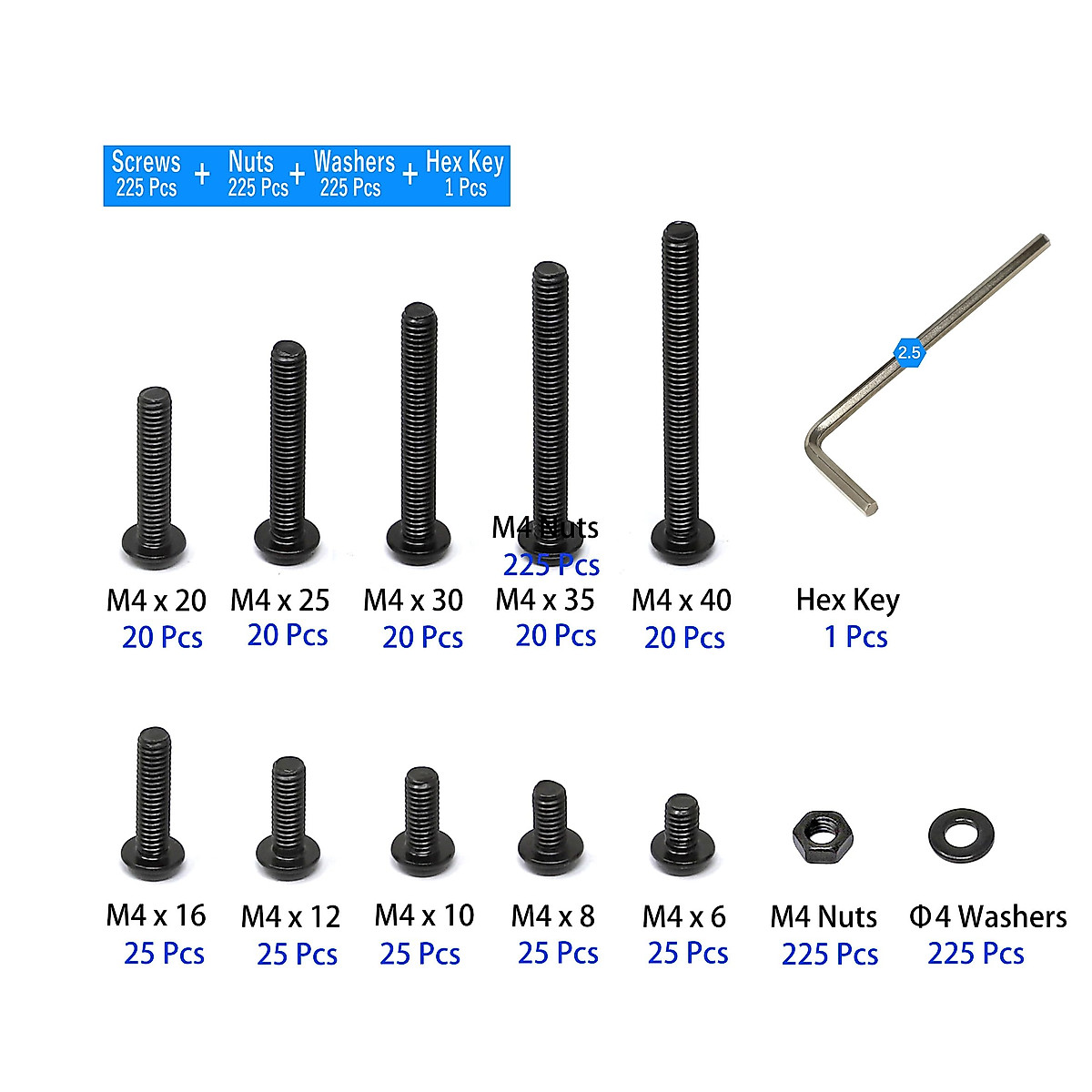 iexcell 675 Pcs M4 x 6/8/10/12/16/20/25/30/35/40 Alloy Steel 10.9 Grade Hex Socket Button Head Cap Screws Bolts Nuts Washers Assortment Kit, Black Oxide Finish