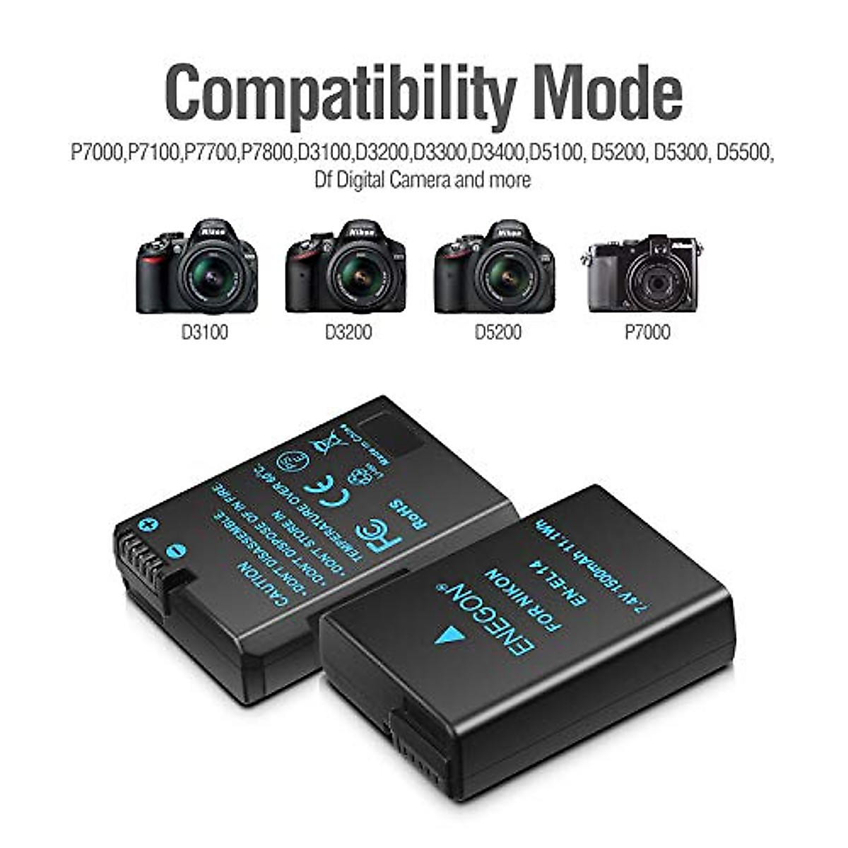 ENEGON EN-EL14/EL14a Replacement Battery (2 Pack) and Smart LCD Dual Charger Kit for Nikon D3100, D3200, D3300, D3400, D3500, D5100, D5200, D5300, D5500 Coolpix P7000 P7100 P7700 P7800 Cameras