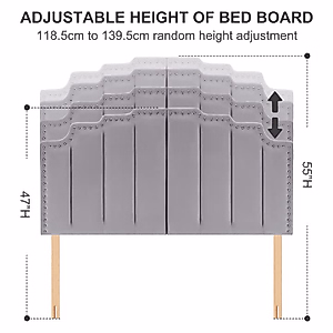 Kingfun Mid Century Headboard for Queen Size Bed, Velvet Upholstered Tufted Bed Headboard with Nailhead Decor, Adjustable Curved Solid Wood Head Board Vertical Channel Design (Medium Grey)