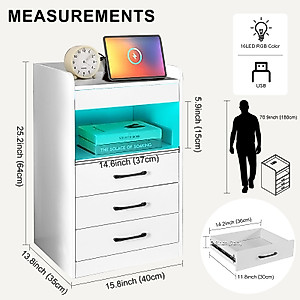 LED Nightstand with Charging Station,Bedside Table with 4 Drawers Smart Night Stand Bedroom End Tables Bed Side Table, Modern Wood White Nightstand