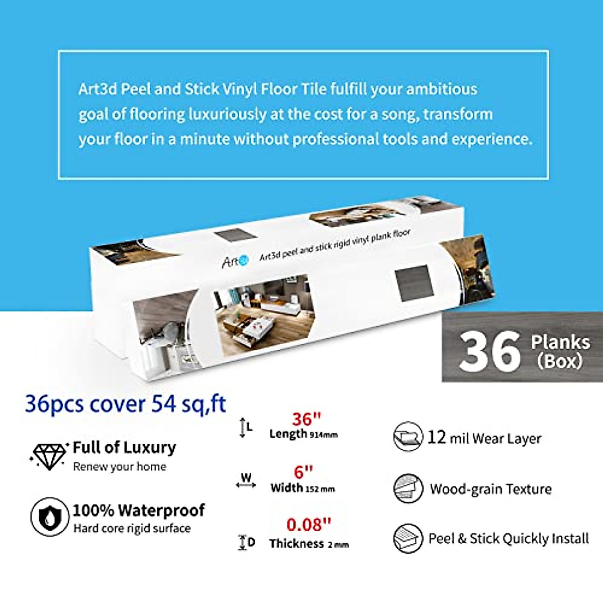 Art3d Peel and Stick Floor Tile Vinyl Wood Plank 36-Pack 54 Sq.Ft, Deep Gray, Rigid Surface Hard Core Easy DIY Self-Adhesive Flooring