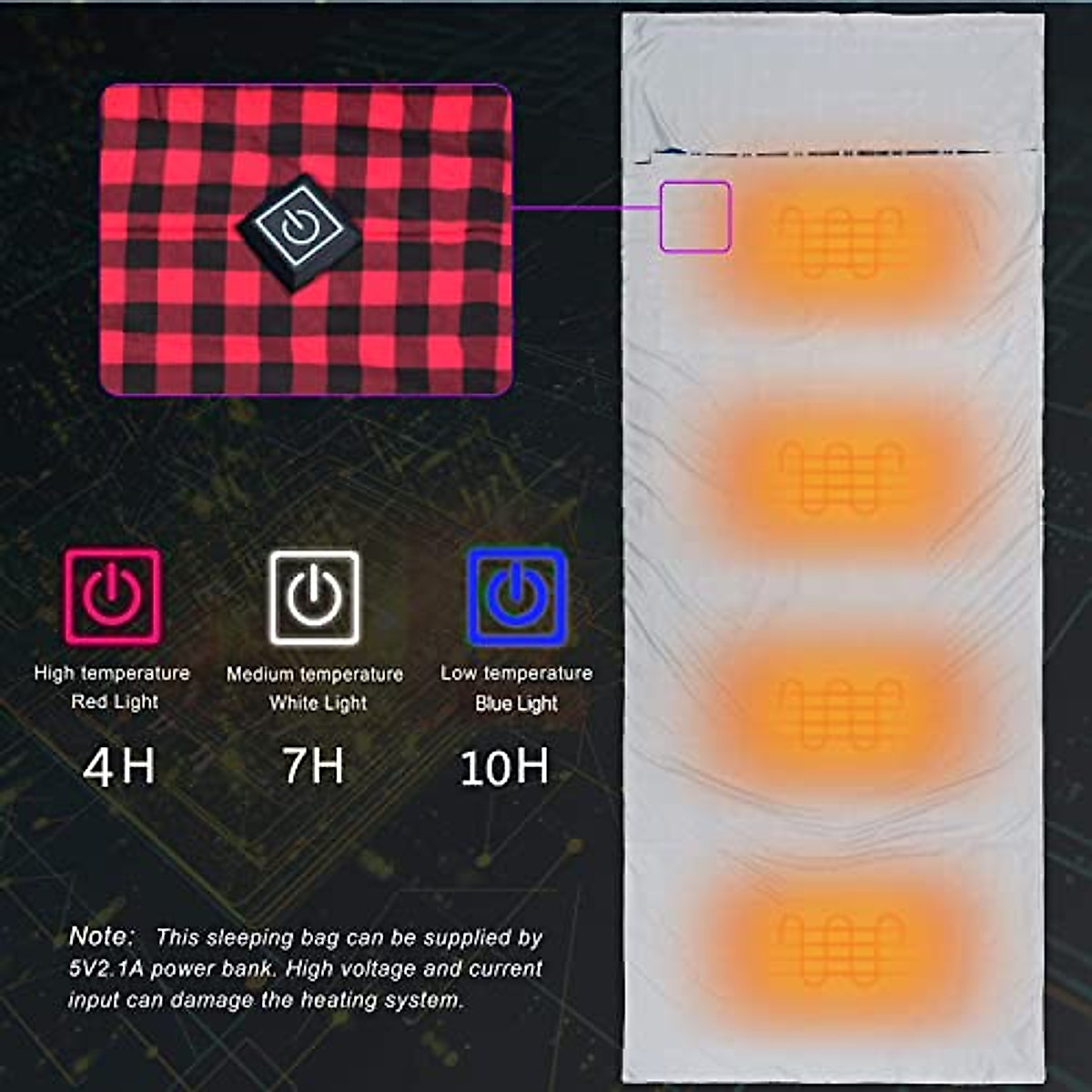 Heated Sleeping Bag Liner,Travel and Camping Sheet, Pocket-Size, Lightweight, 100% Cotton Flannel Fabric, Special Metal Heating Plate with Maximum Power 9W, USB Interface (Red)