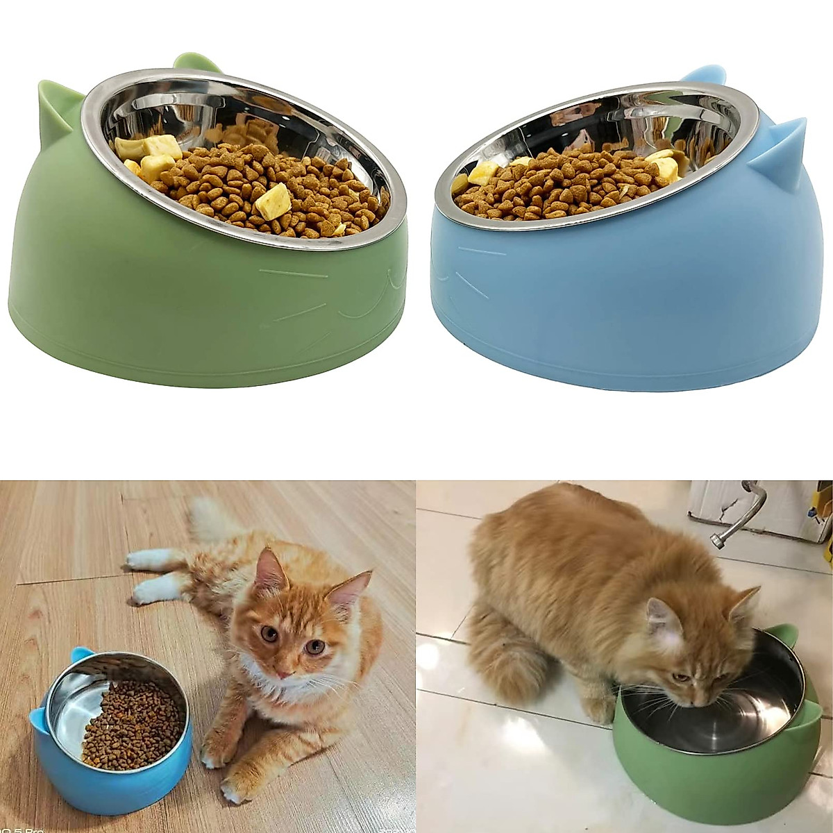 PINVNBY 2PCS Raised Cat Bowl Tilted 15° Slanted Elevated Bulldog Feeder Non-Spill Dog Kitten Food Dish Anti-Slip Detachable Pet Stainless Steel Slope Base for Small Pets Blue&Green