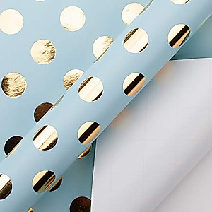 RUSPEPA Wrapping Paper Roll - Gold Foil Dots Baby Blue Background Design for Wedding, Birthday, Shower, Congrats, and Holiday - 30 inches x 32.8 feet