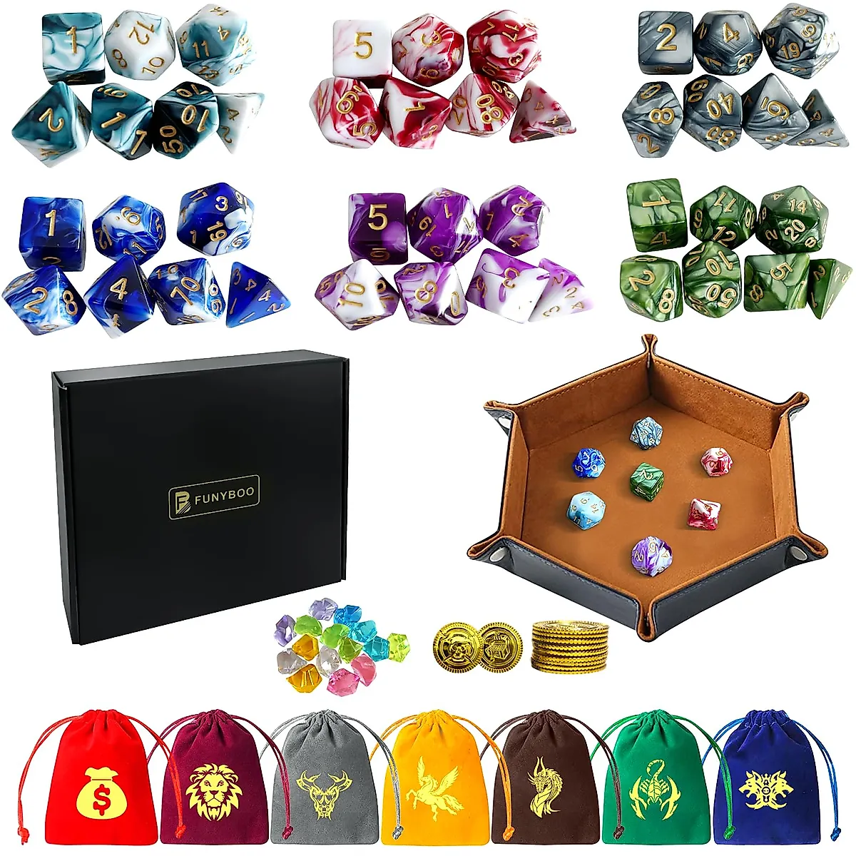 DND Dice Set - FUNCYboo 6 * 7 Sets(42 Pieces) of d&d dice for Dungeons and Dragons Tabletop and Other Tabletop Games. DND dice Comes with 15 DND Gold Coins and Gems