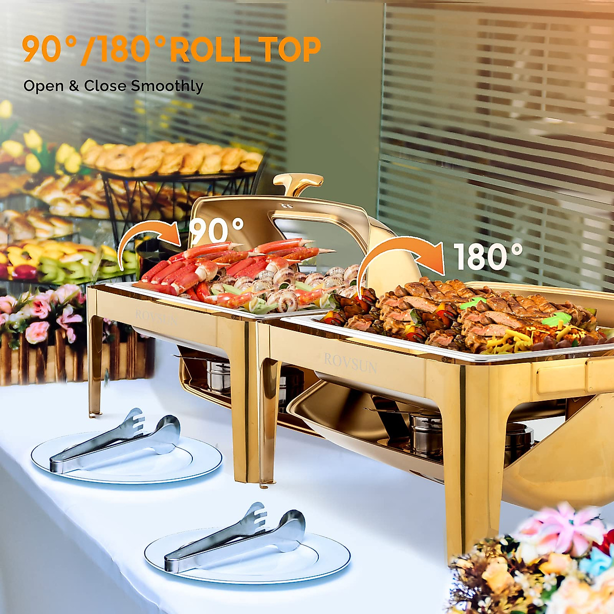 ROVSUN 9QT Roll Top Chafing Dish Buffet Set,Rectangular NSF Stainless Steel Buffet Warmer Chafers and Buffet Warmers Sets with Thick Frame for Catering Events Parties Weddings Dinners,Gold
