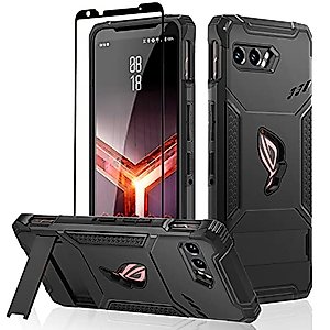 Fanbiya Armor Case for ASUS ROG Phone 2 Cover - TPU Case with Built in Camera Protector, Kickstand and Dust Cover for Charging Port and Cooler Port (Black)