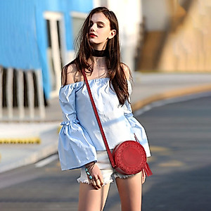 JOSEKO Women Crossbody Bags, PU Leather Zipper Shoulder Bag Round Cell Phone Purse with Tassel Red 7.48''(L) x 7.48''(W) x 2.75''(H)